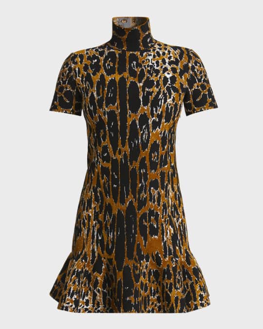ALAIA Mock-Neck Leopard Short-Sleeve Skater Mini Dress | Neiman Marcus