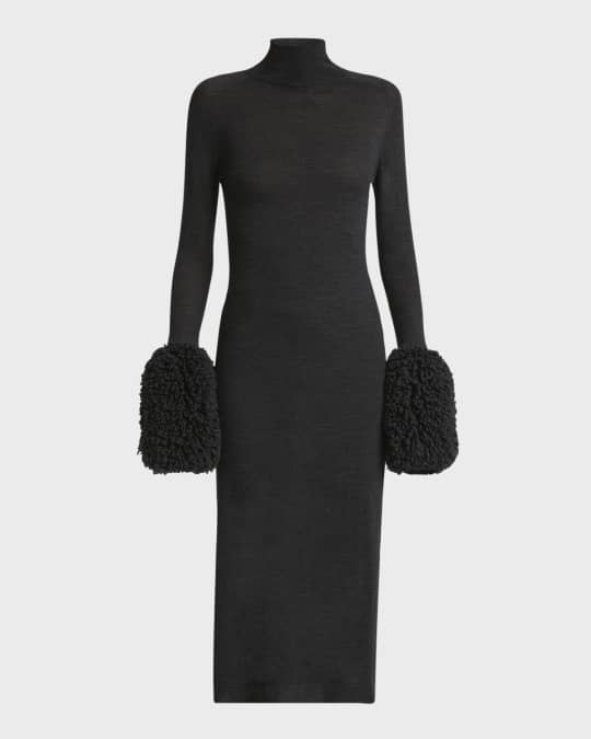 ALAIA Bubble-Cuff Long-Sleeve Midi Sweater Dress | Neiman Marcus