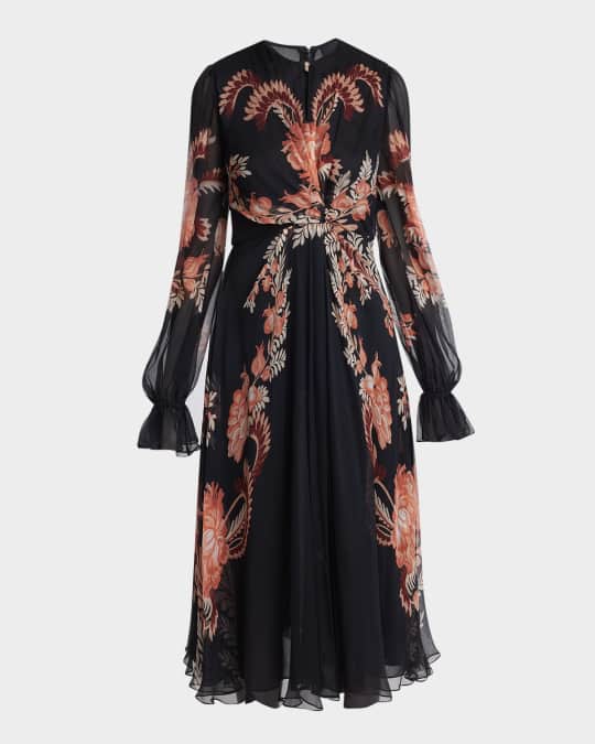 Etro Floral Silk Chiffon Long-Sleeved Midi Dress | Neiman Marcus