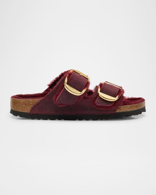 BIRKENSTOCK Arizona Leather Shearling Dual-Buckle Slide Sandals ...