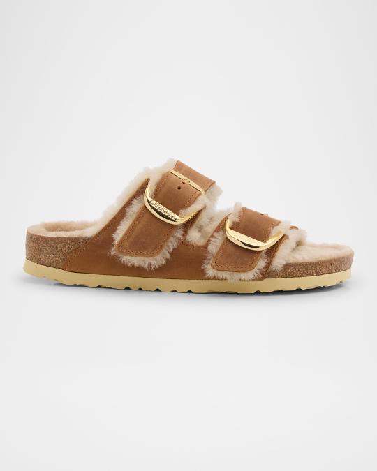 BIRKENSTOCK Arizona Suede Shearling Dual-Buckle Slide Sandals | Neiman ...