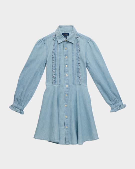 Polo Ralph Lauren Girl's Chambray Floral-Trim Frill Dress, Size 7-16 ...