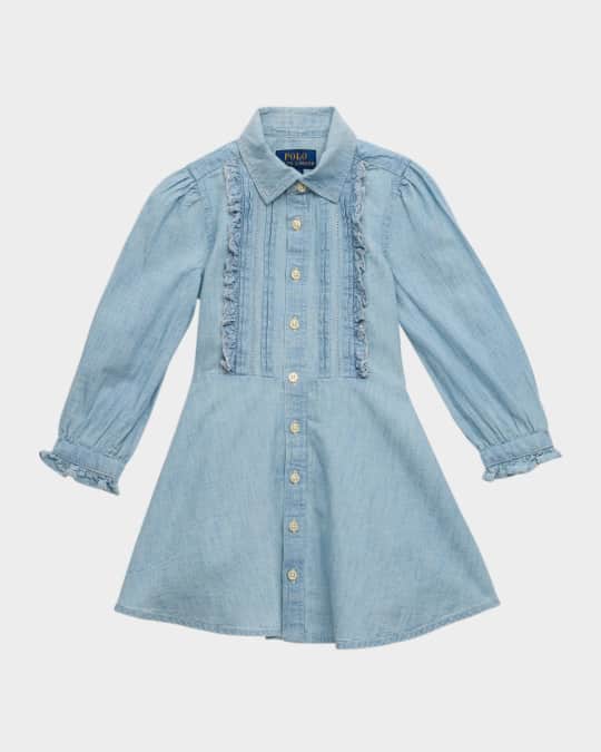 Polo Ralph Lauren Girl's Chambray Floral-Trim Frill Dress, Size 2-6X ...