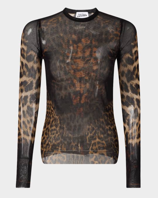 Jean Paul Gaultier Leopard-Print Label Mesh Long-Sleeve Top | Neiman Marcus