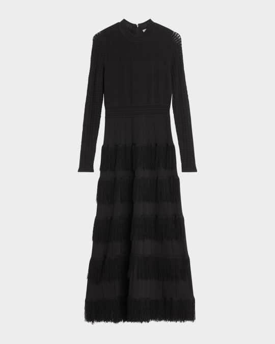 Lela Rose Piper Tiered Fringe Pointelle-Knit Maxi Dress | Neiman Marcus