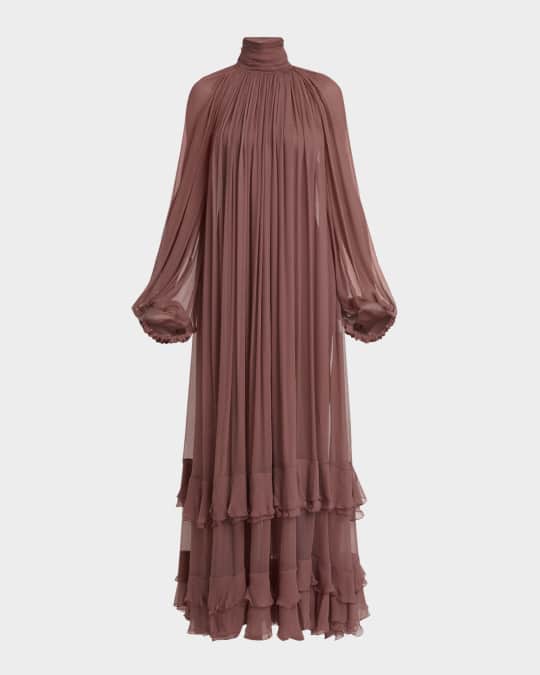 Chloe Maxi Ruffled Mock Neck Silk Mousseline Dress | Neiman Marcus