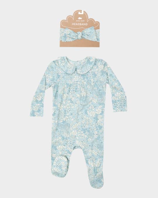 Angel Dear Girl's Blue Meadow Floral Smocked Footie W/ Headband Set ...