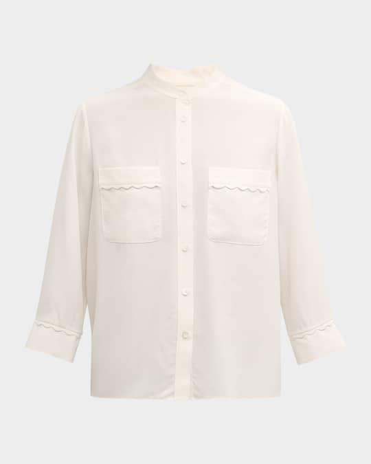 FRAME Scallop-Trim Silk Shirt | Neiman Marcus