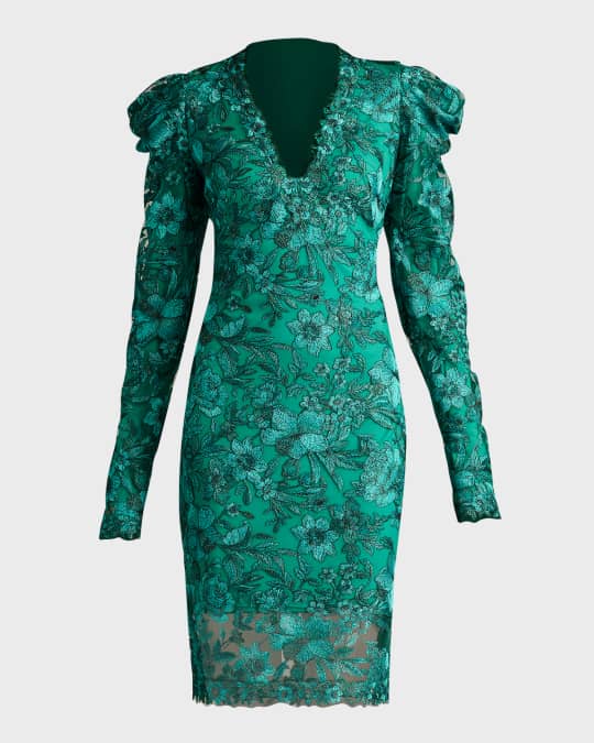 Tadashi Shoji Floral-Embroidered Ruffle Bodycon Dress | Neiman Marcus