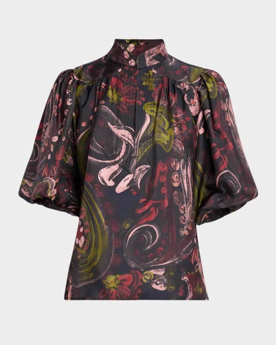 Figue Dani Floral-Print Puff-Sleeve Silk Top | Neiman Marcus