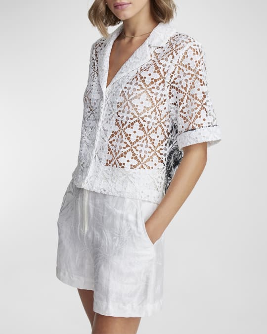 Robert Graham Gemma Botanical-Print Woven Lace Shirt | Neiman Marcus