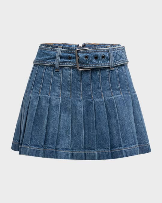 ALICE + OLIVIA Mera Denim Pleated Mini Skirt with Buckle | Neiman Marcus