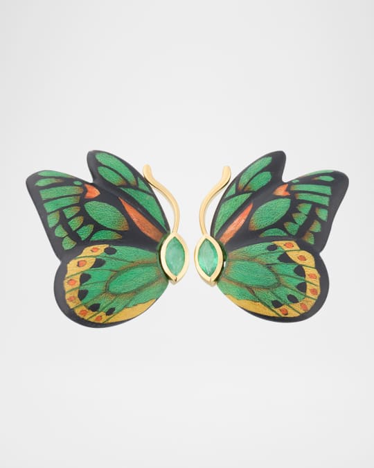 Silvia Furmanovich Double Butterfly Marquetry Earrings with Emeralds ...