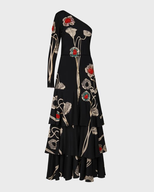 Johanna Ortiz Peace Poetry One-Shoulder Tiered Maxi Dress | Neiman Marcus