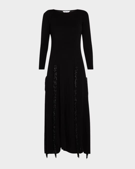 Misook Scoop-Neck Bead Fringe Midi Dress | Neiman Marcus