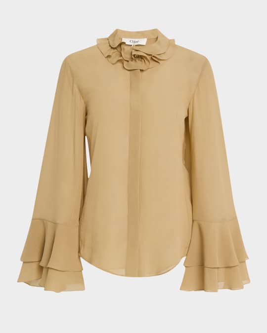 Chloe Tiered Ruffle Button-Down Silk Top | Neiman Marcus
