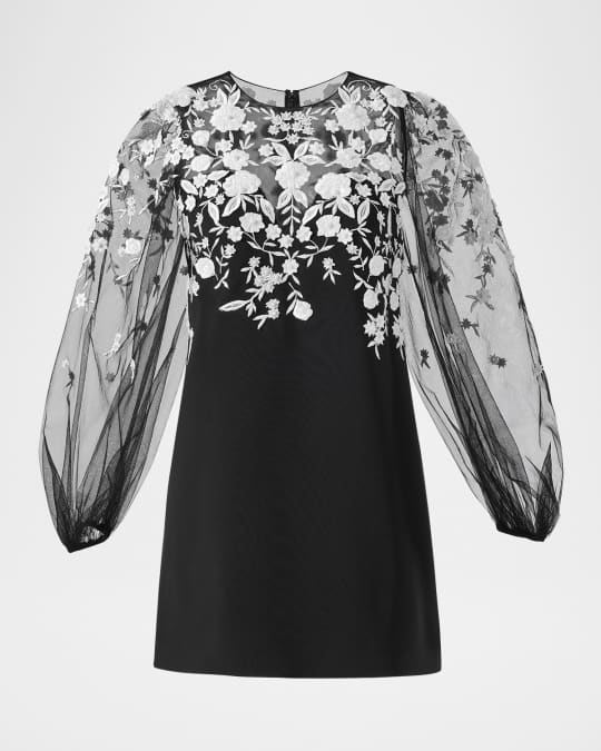 Carolina Herrera Floral Embroidered Puff-Sleeve Mini Illusion Dress ...