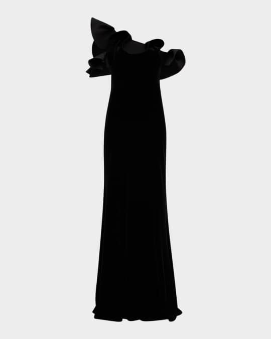 Rickie Freeman for Teri Jon One-Shoulder Ruffle Stretch Velvet Gown ...
