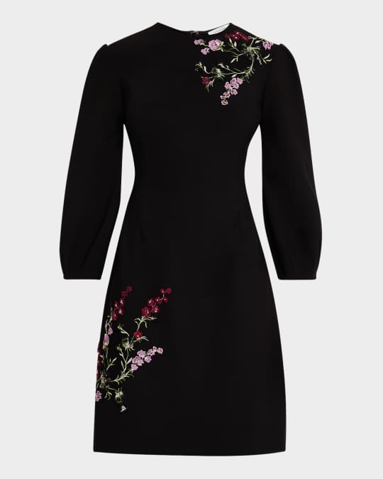 Rickie Freeman for Teri Jon Blouson-Sleeve Floral Applique Crepe Dress ...