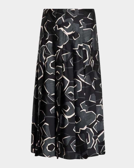 St. John Cubist Floral-Print Pleated Midi Skirt | Neiman Marcus