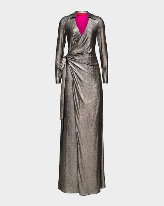Halston Jira Metallic Jersey Wrap Gown | Neiman Marcus