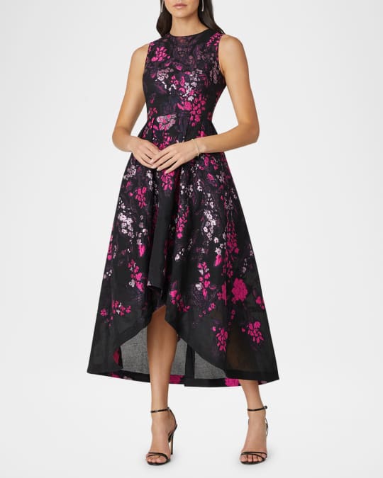 Shoshanna High-Low Floral Jacquard Midi Dress | Neiman Marcus