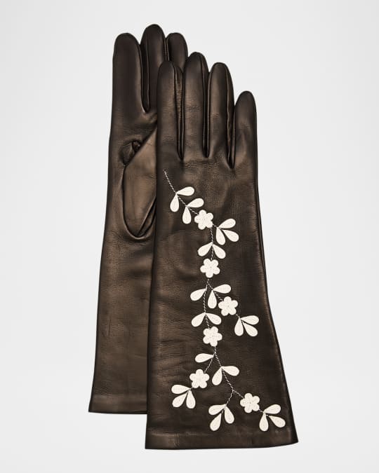 Portolano Leather Gloves W/ Contrast Floral Details | Neiman Marcus