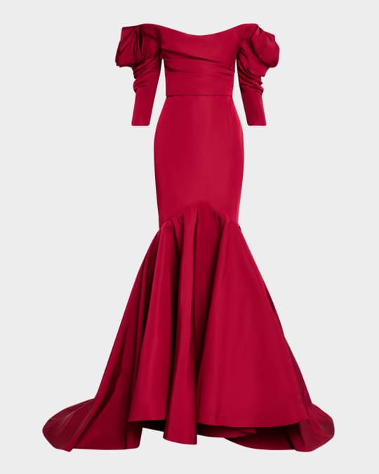 Marchesa Rose Off-The-Shoulder Silk Faille Fishtail Gown | Neiman Marcus