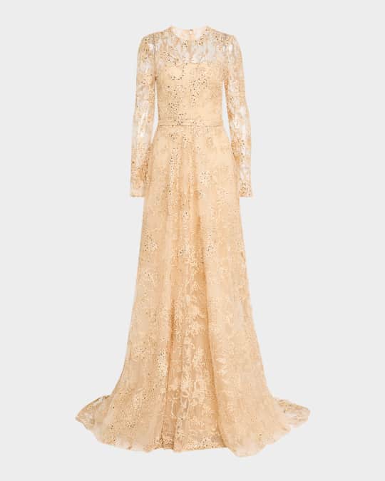 Pamella Roland Sequin Embroidered Tulle Long-Sleeve Illusion Gown ...