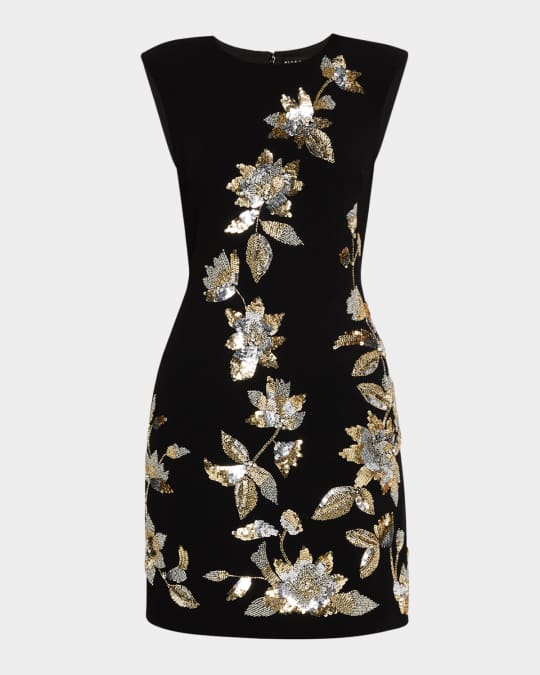 Aidan Mattox Sleeveless Sequin Floral Crepe Mini Dress | Neiman Marcus