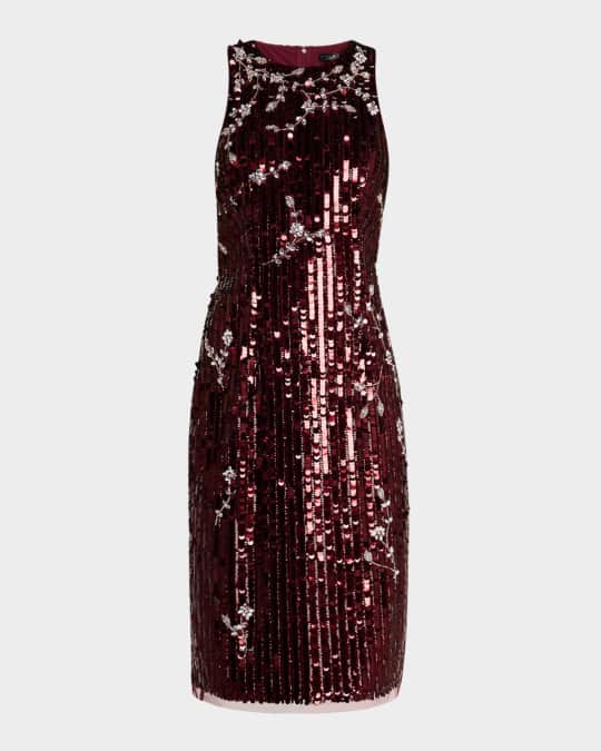 Aidan Mattox Floral Beaded Sequin Midi Dress | Neiman Marcus