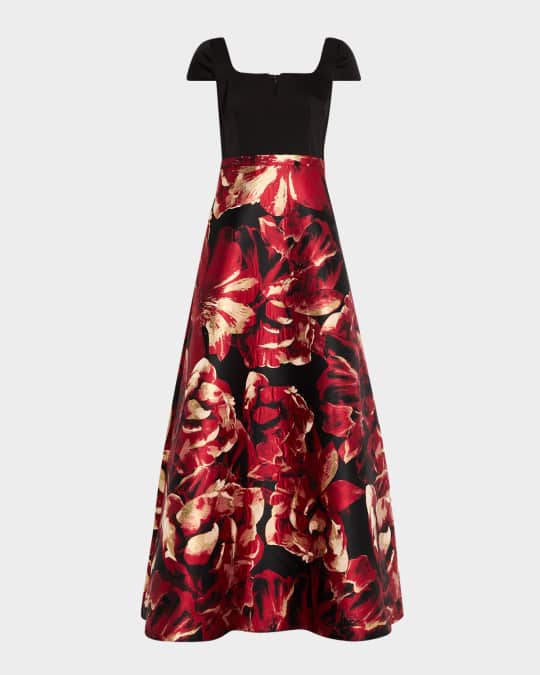 Aidan Mattox Split-Neck Floral Jacquard Gown | Neiman Marcus