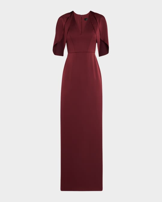 Aidan Mattox Tulip-Sleeve Crepe Back Satin Column Gown | Neiman Marcus