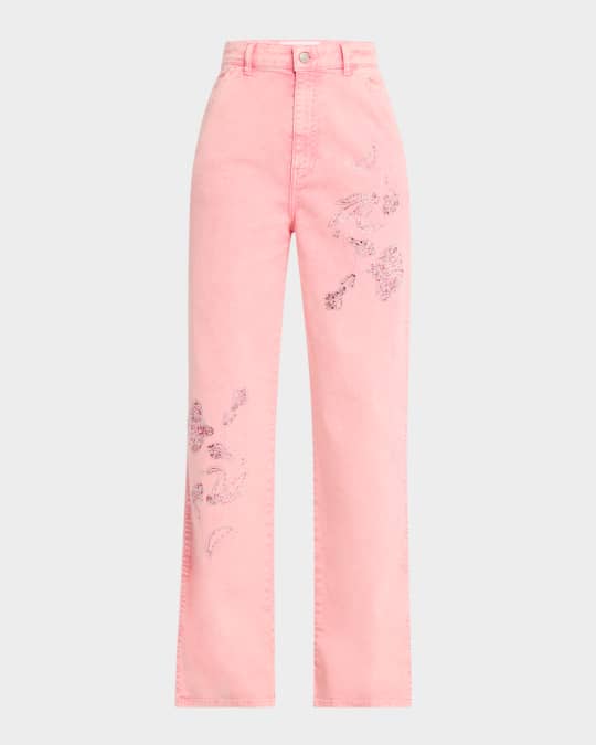 Des Phemmes Floral Crystal High-Rise Jeans | Neiman Marcus