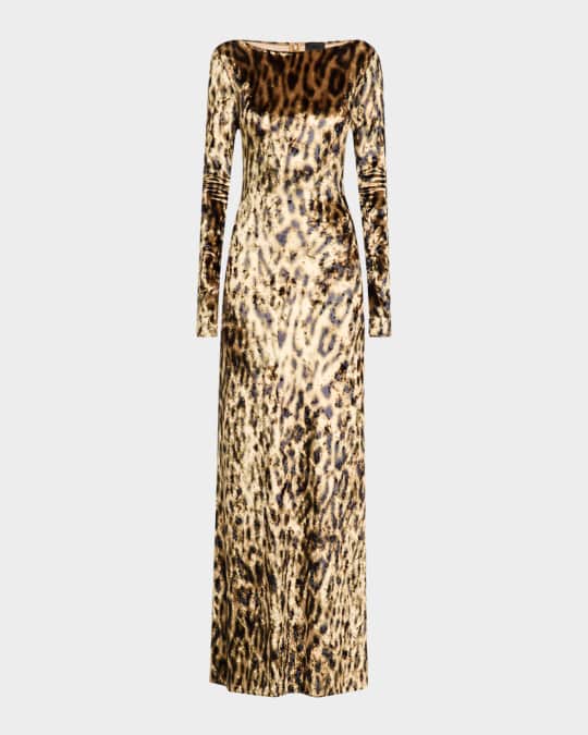 LAPOINTE Leopard-Print Velvet Long-Sleeve Gown | Neiman Marcus