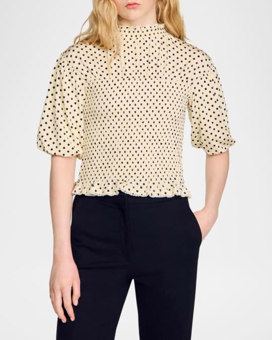 Sandro Racine Polka Dot Smocked Blouse | Neiman Marcus