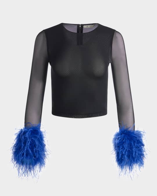 Alice + Olivia Delaina Long-Sleeve Mesh Feather Cuff Top | Neiman Marcus