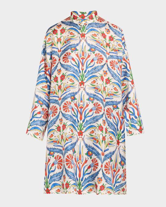 Eskandar Wide A-Line Collarless Shirt With Slits (Very Long Length ...