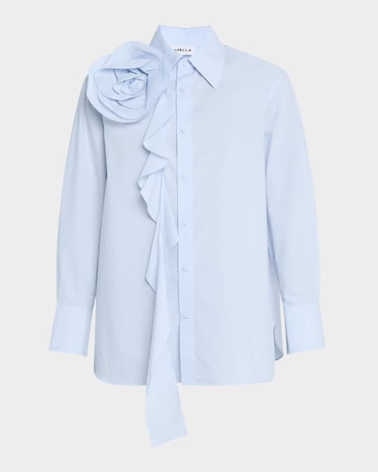 Marella Ketch Ruffle Rosette Cotton Poplin Shirt | Neiman Marcus