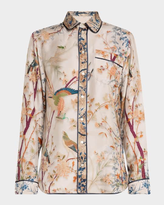 Pierre-Louis Mascia Floral & Bird-Print Silk Shirt | Neiman Marcus