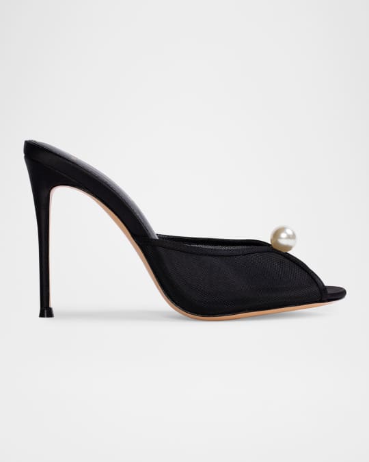 Black Suede Studio Pearly Mesh Peep-Toe Slide Sandals | Neiman Marcus