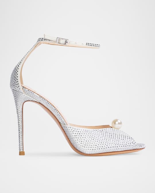 Black Suede Studio Crystal Pearly Peep-Toe Cocktail Sandals | Neiman Marcus