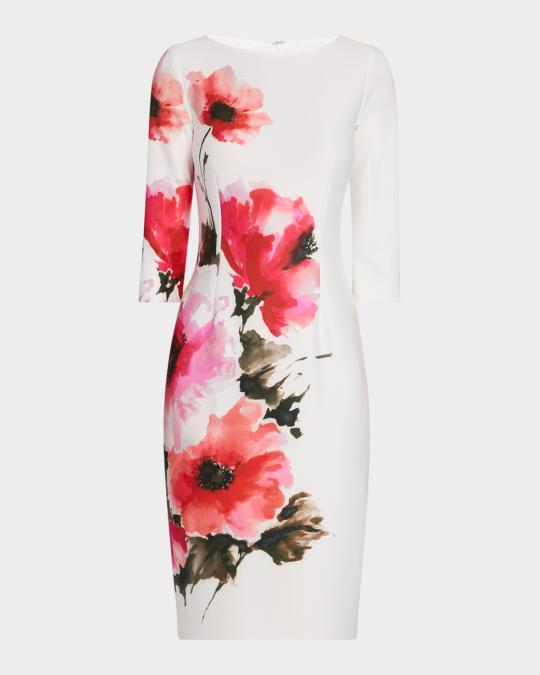 Rickie Freeman for Teri Jon Floral-Print Scuba Dress | Neiman Marcus