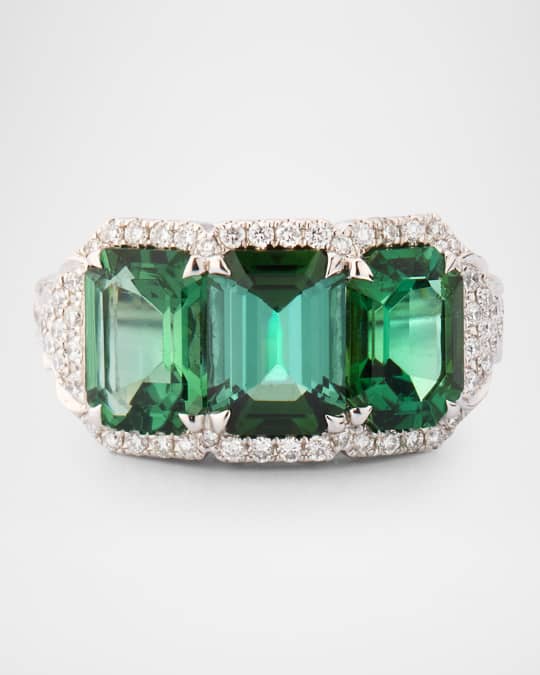 Piranesi 18K White Gold 3-Stone Green Tourmaline and Diamond Ring, Size ...