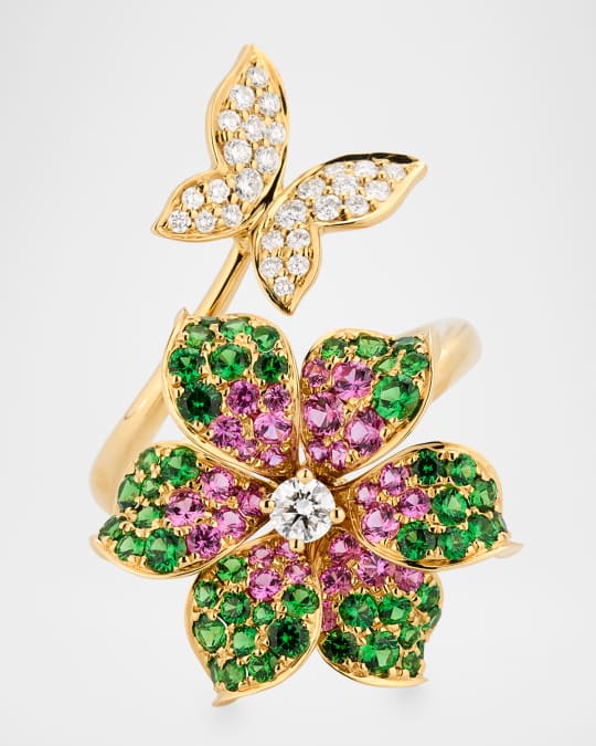 Lisa Nik Rainbow 18K Yellow Gold Sapphire Flower & Butterfly Diamond ...
