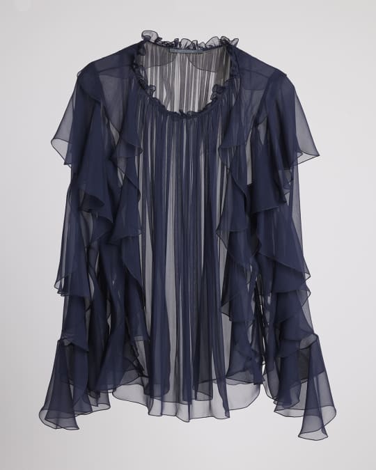 Alberta Ferretti Ruffle Long-Sleeve Silk Blouse | Neiman Marcus