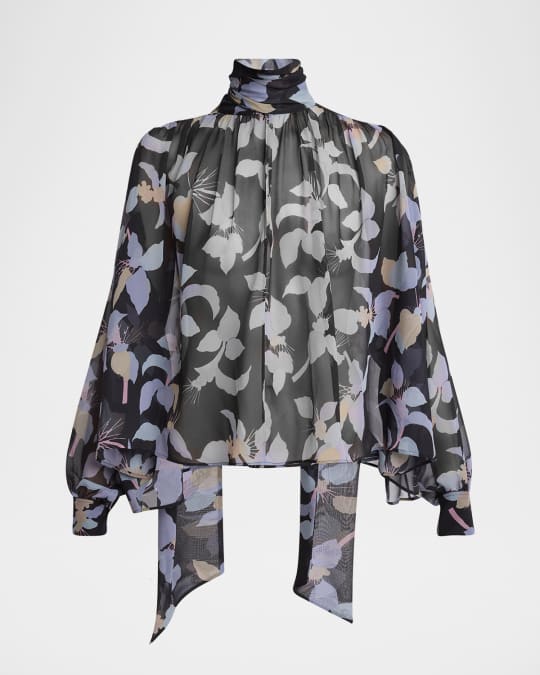 Chloe Floral-Print Chiffon Neck-Scarf Top | Neiman Marcus