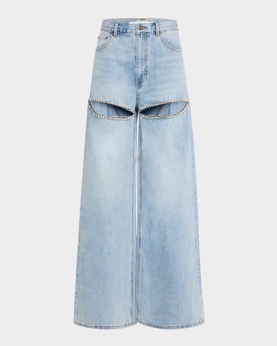 AREA Crystal Slit Wide-Leg Jeans | Neiman Marcus