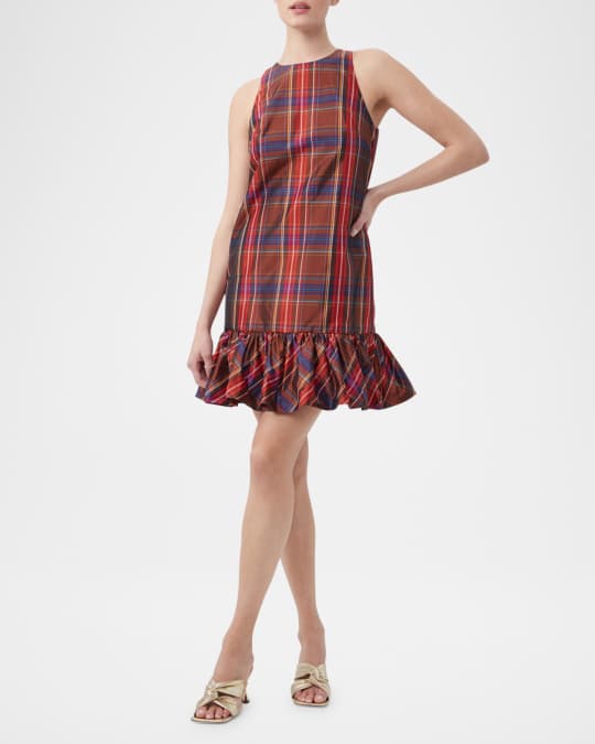 Trina Turk Berry Plaid-Print Flounce Mini Dress | Neiman Marcus