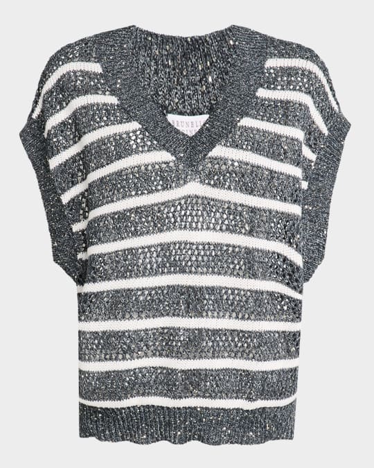 Brunello Cucinelli Antibes Striped Paillette Open-Knit Sleeveless ...